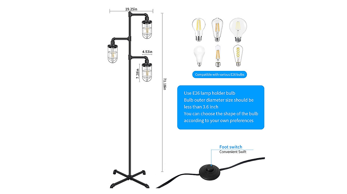 Stylish CONCA Steampunk Three Head Floor Lamp