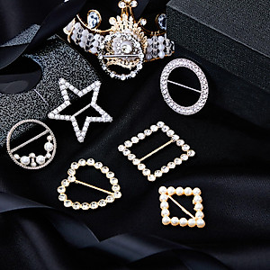 Juexica 18 Pcs T Shirt Clips Ties for Women Scarf Ring Clips Waist Round Metal Alloy Scarf Buckle with Rhinestone and Pearl(Classic)