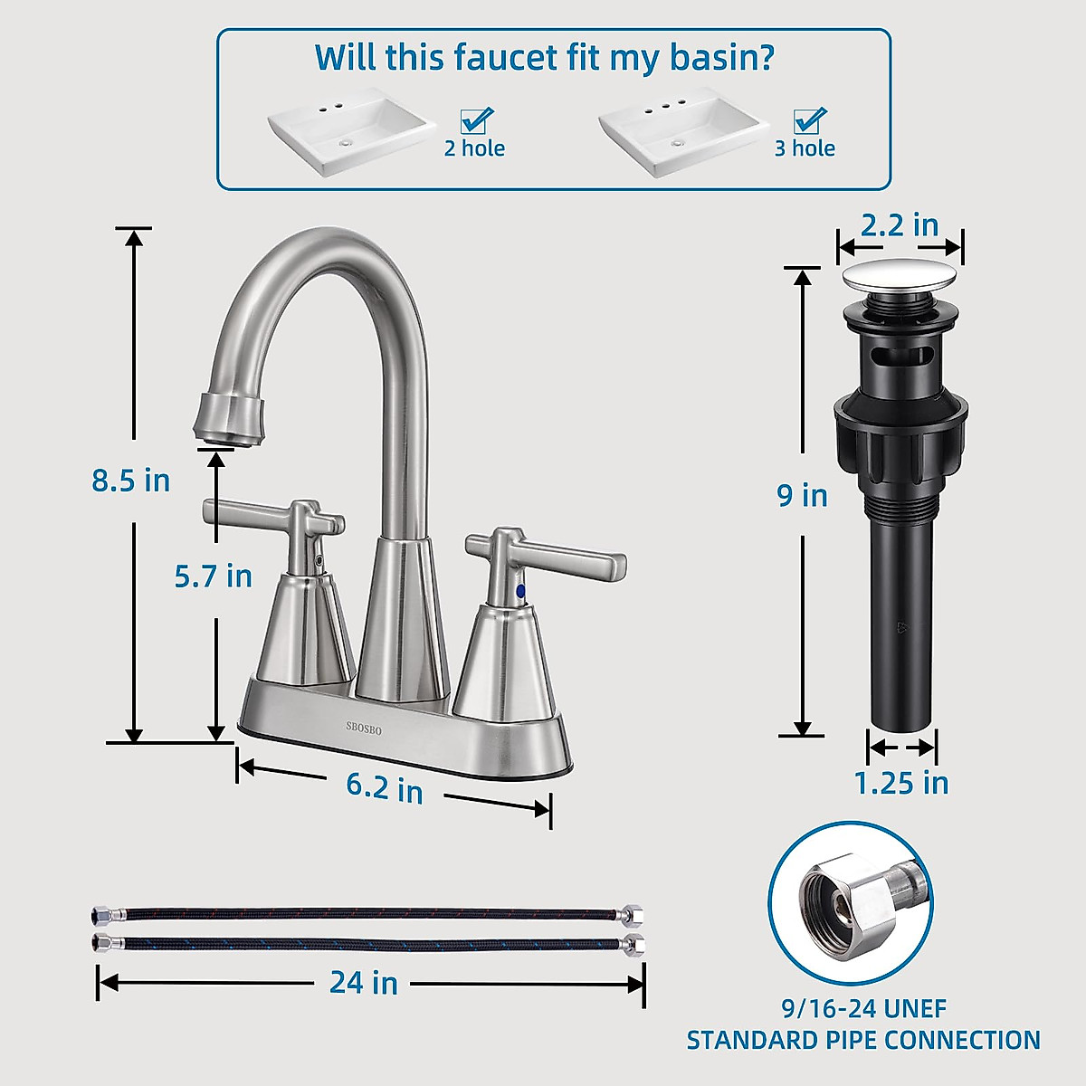 Brushed Nickel Bathroom Sink Faucet, SBOSBO 4 Inch Bathroom Faucet for Sink 3 Hole, 2 Handle Sink Faucet with Pop Up Drain Assembly and 2 Water Supply Hoses for RV Bathroom Vanity