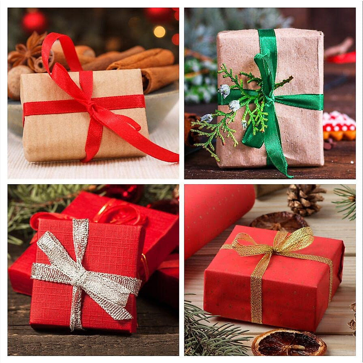 100 Yards Christmas Ribbons,3/8 Inch Gold Silver Glitter Ribbon for Gift Wrapping Red and Green Satin Ribbon for Christmas DIY Crafts Decoration 4 Rolls