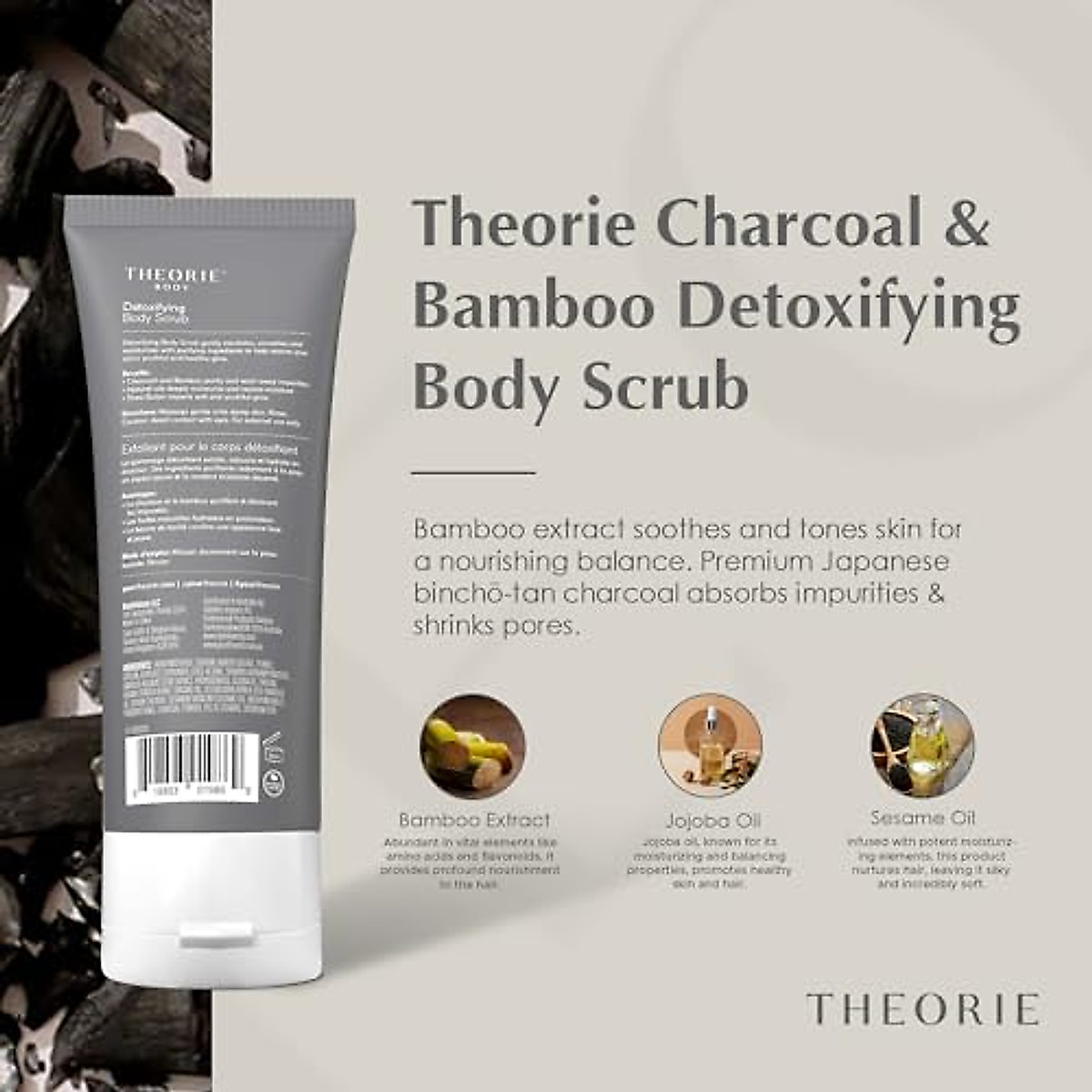 Theorie Charcoal Bamboo Body Scrub- Detoxifying Exfoliation, Micro Partials Gently Reveal Glowing Skin, Jojoba Oil, Sweet Almond Oil, and Sesame Oil Restore Moisture, 200 mL
