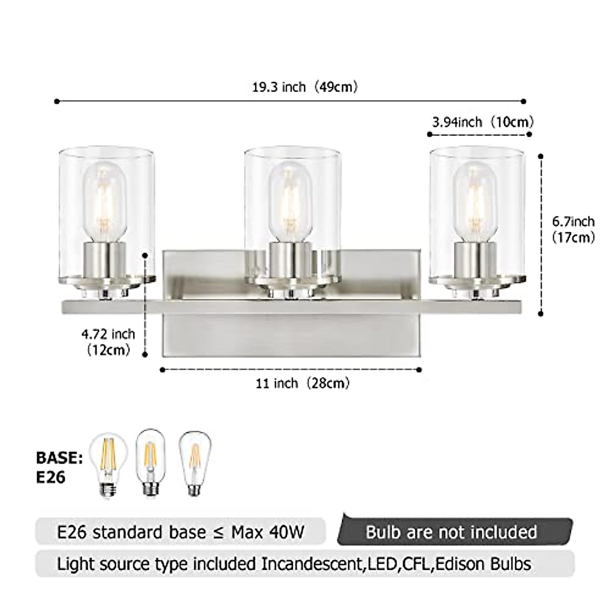 SADENICEL Brushed Nickel Bathroom Vanity Light, 3-Light Metal Wall Sconce Fixtures for Bathroom Lighting (Brushed Nickel, 3 Light)