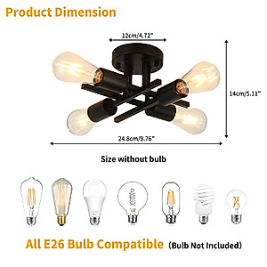 WILON Semi Flush Mount Ceiling Light Fixture, 4-Light Industrial Black Ceiling Light, Modern Sputnik Chandelier Small Ceiling Lamp for Kitchen Bedroom Living Room Dining Bathroom Laundry Hallway