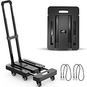 Ronlap Folding Hand Truck, Foldable Dolly Cart for Moving 500lbs Heavy Duty Luggage Cart Portable Platform Cart Collapsible Dolly with 6 Wheels & 2 Ropes for Travel House Office Moving, Black