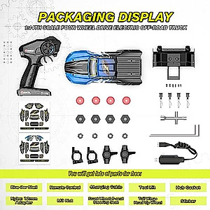 RIAARIO 1:14 RTR Brushless Fast RC Cars for Adults, Max 45MPH RC Monster Trucks, Hobby Electric Off-Road Jumping RC Trucks with Limited Slip Clutch, Independent ESC, 4WD Remote Control Car for Boys