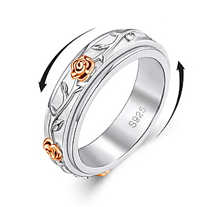 BELLNA Fidget Ring 925 Sterling Silver Anxiety Relieve Spinner Rings Rose Flower Sunflower Band Ring ADHD Autism Stress Relieving for Women Men (Rose & Love, 5.5)