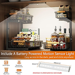 Metal Under Sink Organizer with Cabinet Light, 2 PCS Height Adjustable (10.1"-13.3") Bathroom Organizers and Storage, 2 Tier Pull Out Cabinet Organizer Drawers, Under Sink Storage Shelves for Kitchen