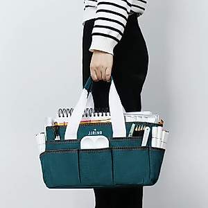 JJRING Craft Organizer Tote Bag for Art Storage, Caddy with Multiple Pockets, Bluish Green Sewing Bag for Scrapbooking, School, Medical, and Office Supplies