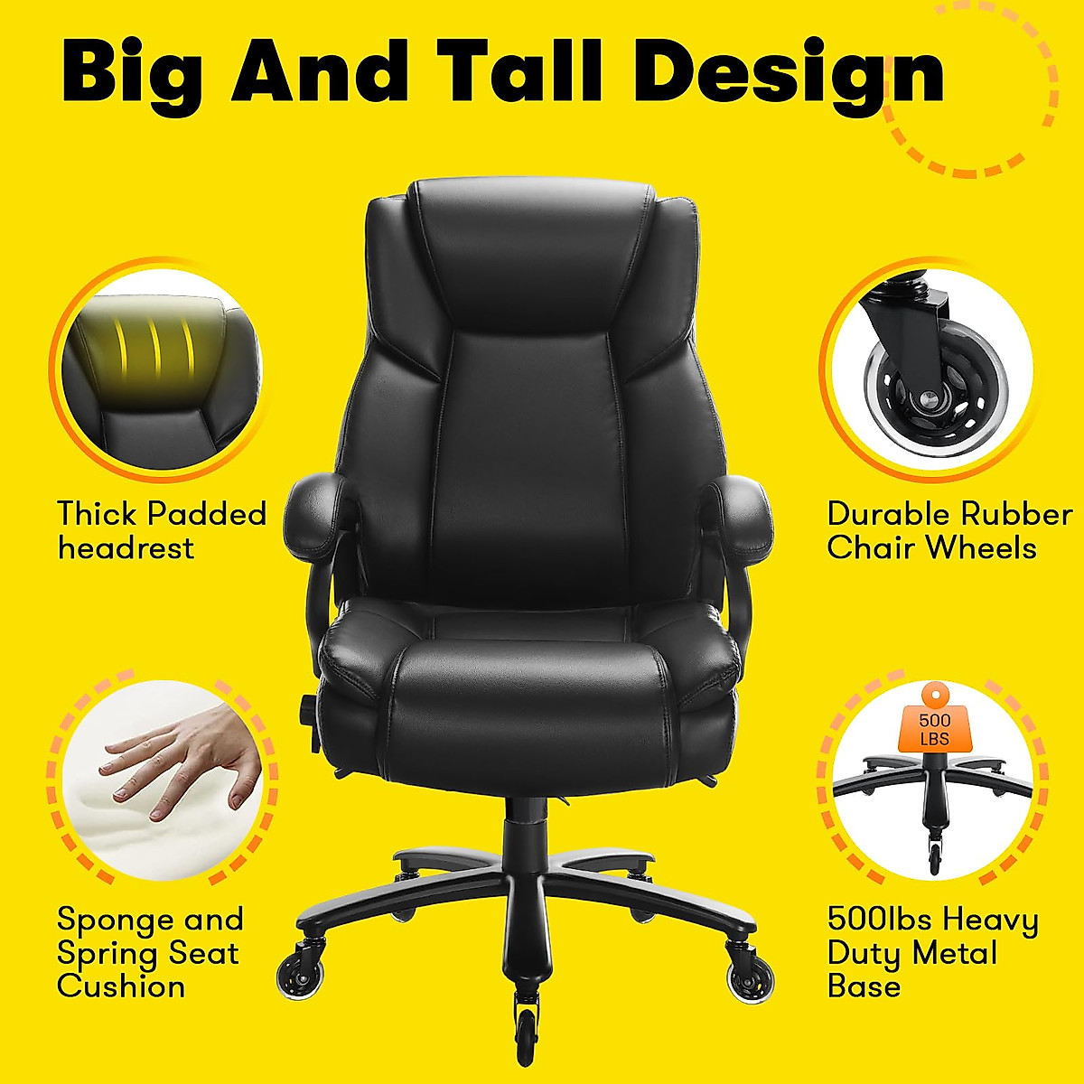 OFIKA Big and Tall Office Chair, 500lbs Office Chair for Heavy People - Adjustable Lumbar Support, Quiet Rubber Wheels Heavy Duty Metal Base, High Back Large Executive Computer Desk Chair (Black)