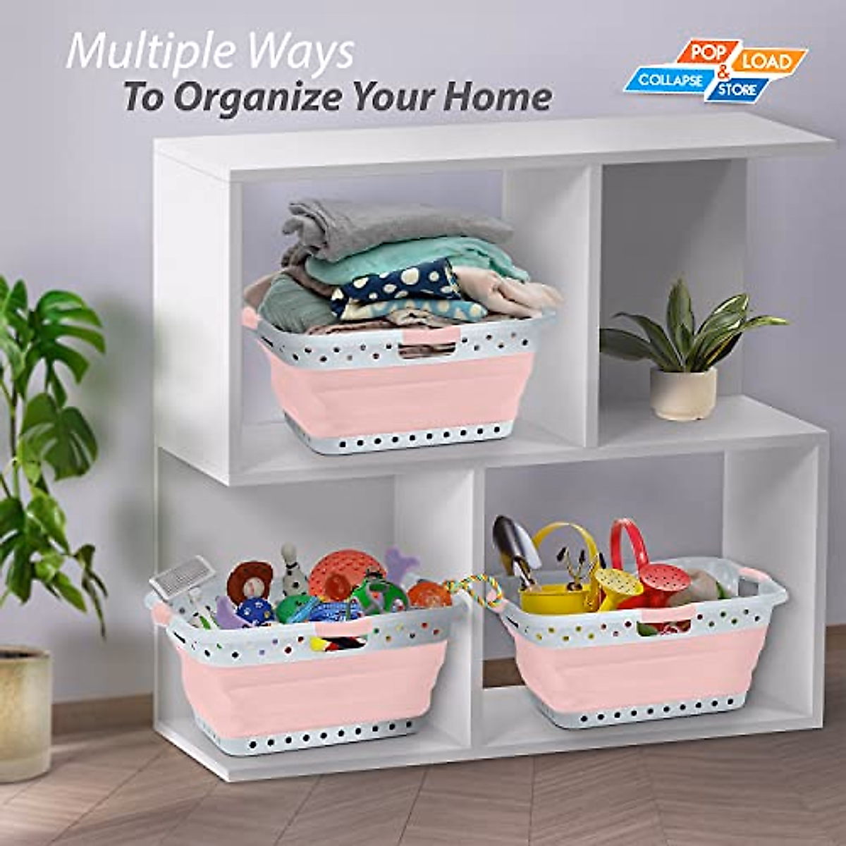 Pop & Load Collapse & Store 1 Large 25" Slim Collapsible Plastic Laundry Basket, Space Saving Portable Pop Up Storage & Organization Basket, 3" High When Folded, 3 Comfort Grip Handles, Blush Pink