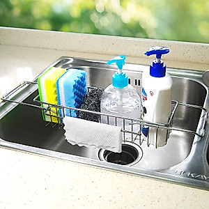 Telescopic Kitchen Sink Organizer Rack, Collapsible Stainless Steel Sink Caddy Drainer with Towel Drying Rack, Sink Basket with Dishcloth Hanger, Soap and Sponge Holder