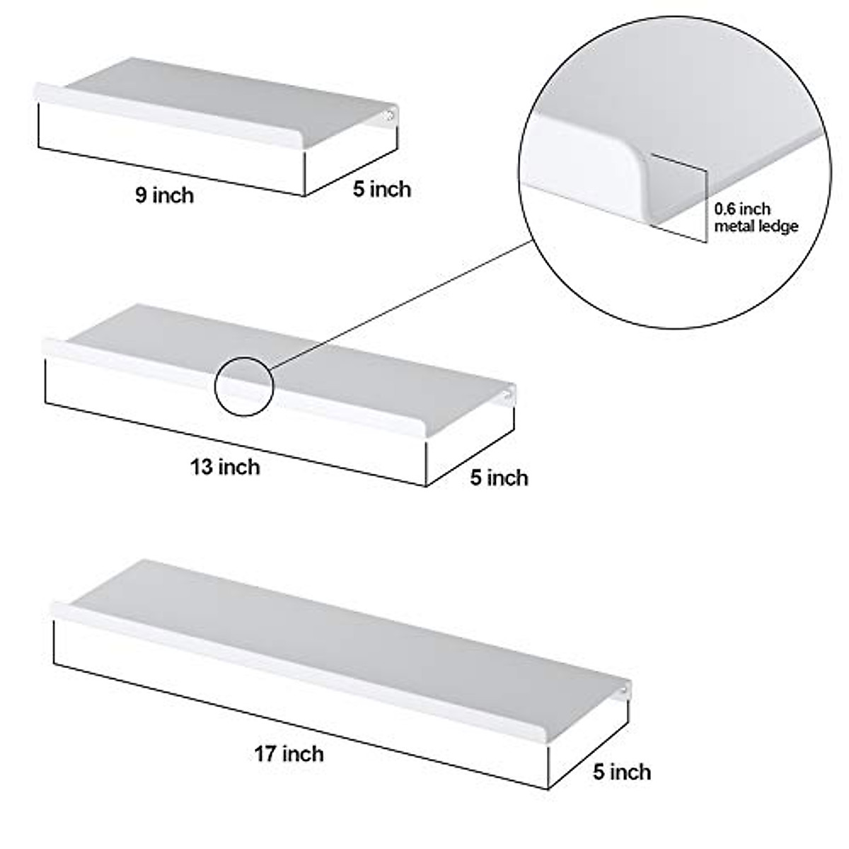 SRIWATANA White Metal Wall Shelves, Floating Shelves Wall Mounted Set of 3 for Bedroom, Living Room, Bathroom, Kitchen, Matte White