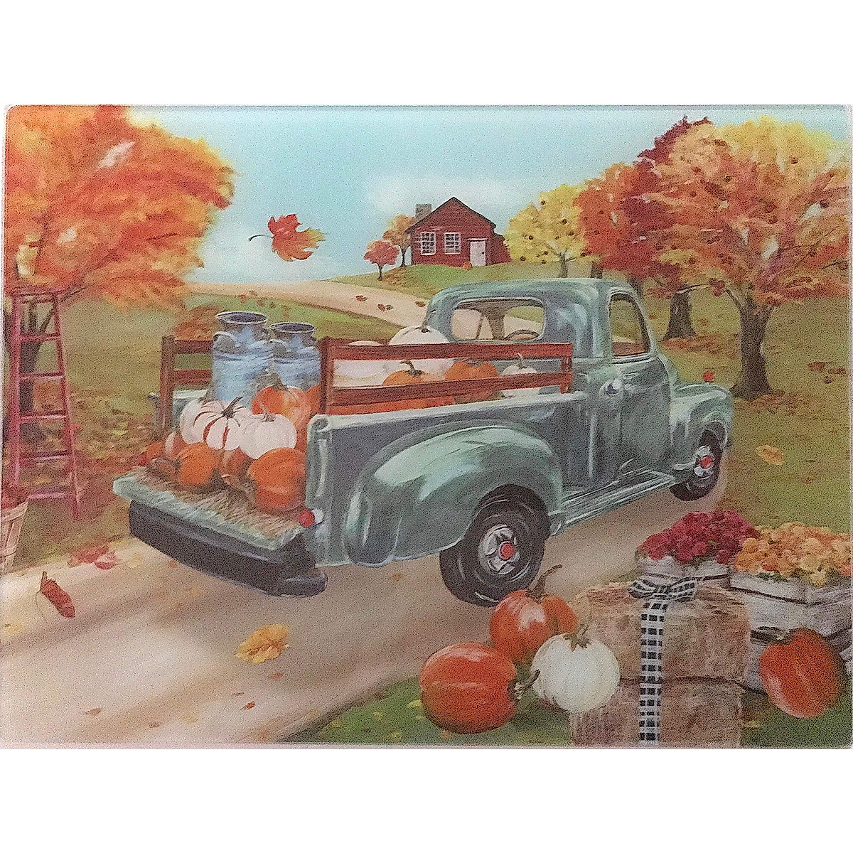 Fall Home Decor Country Glass Kitchen Cutting Board: Coming Home with the Harvest Pumpkin Blue Truck