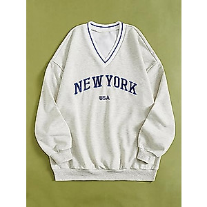 SOLY HUX Women's New York Letter Graphic Sweatshirt V Neck Long Sleeve Casual Pullover Tops Light Grey Letter L