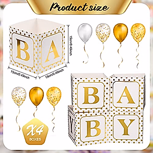 4 PCS Gold Flower Baby Shower Boxes Decor Table Floral Centerpieces Boxes for Gender Reveal Decoration Bronzing Flower Block Holder with Baby Letters Girls Boys Birthday Party Arrangement Favor