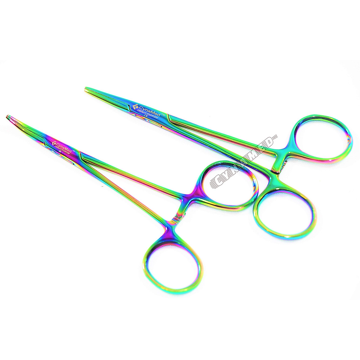 SET OF 2 HEMOSTAT FORCEPS 5" CURVED & STRAIGHT SERRATED PREMIUM GERMAN STAINLESS VETERINARY INSTRUMENT (CYNAMED)