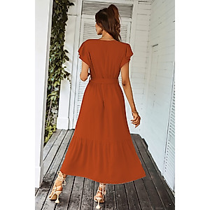 PRETTYGARDEN Women's 2024 Floral Boho Dress Wrap V Neck Short Sleeve Belted Ruffle Hem A-Line Flowy Maxi Dresses (Solid Brick Red,X-Large)