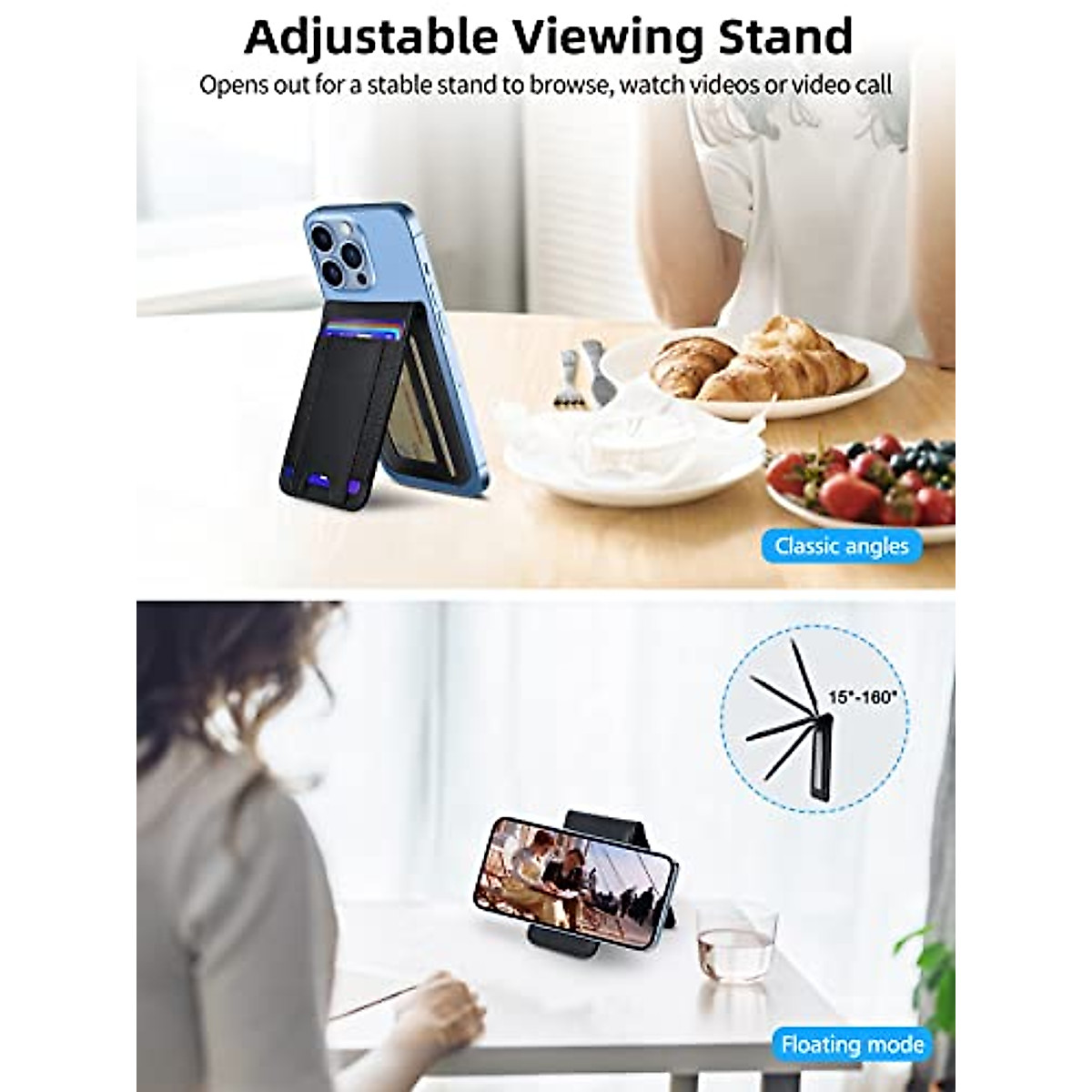 Miroddi for MagSafe Wallet Stand - Magnetic Phone Wallet with Adjustable Stand, Magnetic Wallet Card Holder for iPhone 15/14/13/12 Series, Open ID Window, Fits 9 Cards, Vegan Leather, Black