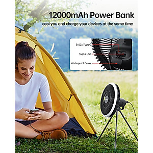 Aluan 11'' Camping Fan Outdoor Fan for Patios 12000mAh Battery Operated Tent Fan with LED Lantern, Power Bank, Remote Control, Quiet Rechargeable Portable Fan for Camping, Travel, Outdoor