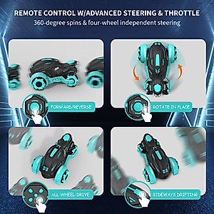 AONGAN Remote Control Car - 2.4 GHz RC Stunt Car 4WD w/Mecanum Wheels, All-Terrain Tires & All Directions, Lights Music & Spray Function Gifts Toys for Boys Girls 5 6 7 8 9 Years Old (Blue)