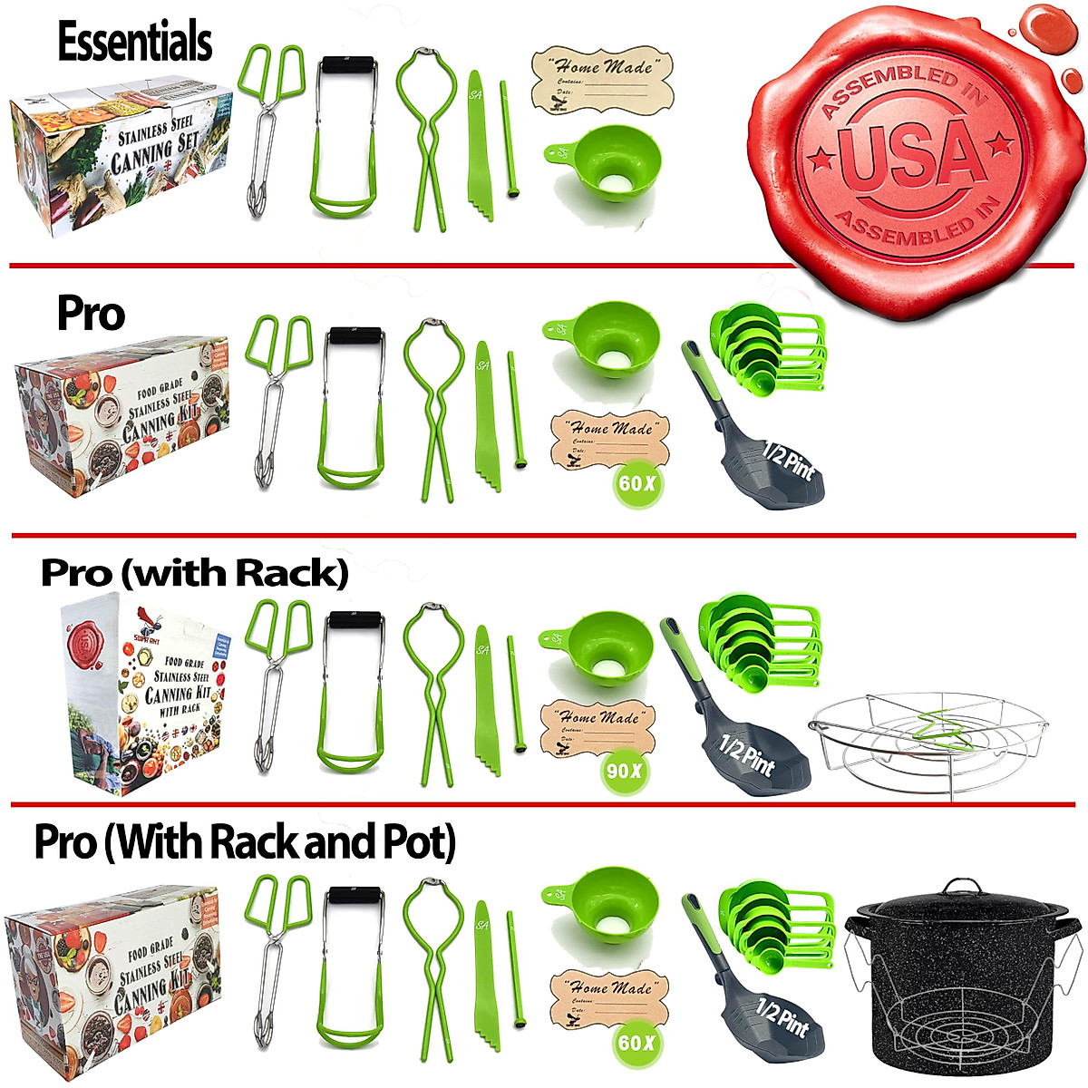 Supa Ant Canning Supplies - USA Assembled & Certified Food Grade Stainless Steel Canning tools - Canning set/pickling kit for beginners - Canning kit includes extra wide mouth funnel for mason jars