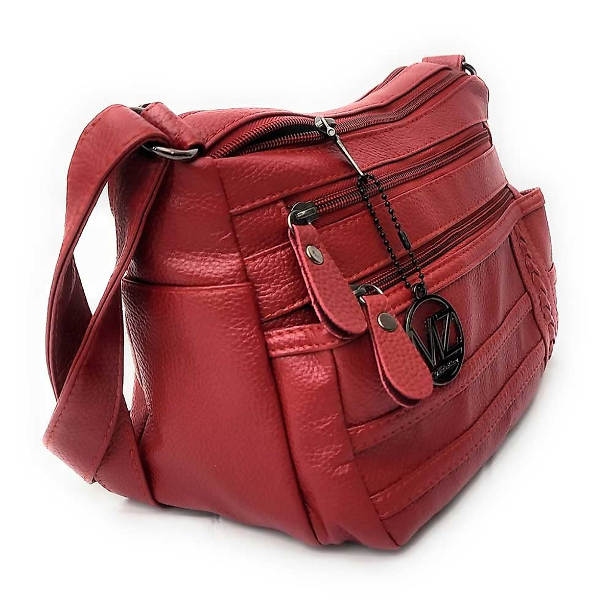 MariaKinz Soft Leather 5 Zipper Pockets Shoulder Purse and Handbag (Red)