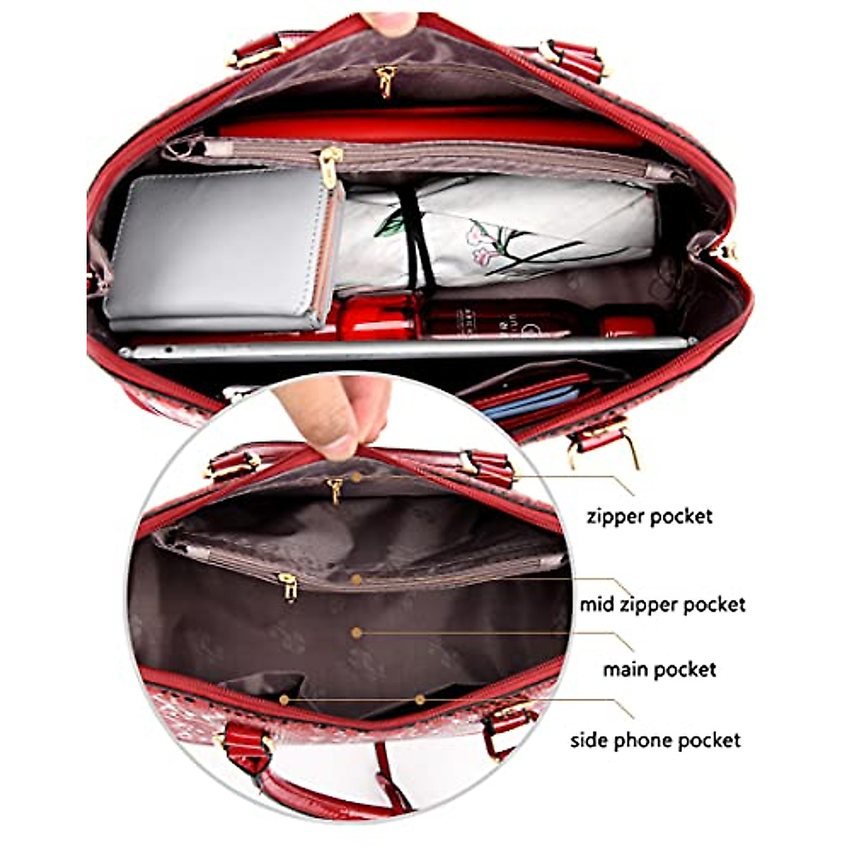 Patent Leather Handbag Crocodile Pattern Top Handle Purse Shell Bag Come with Wallet (Black)