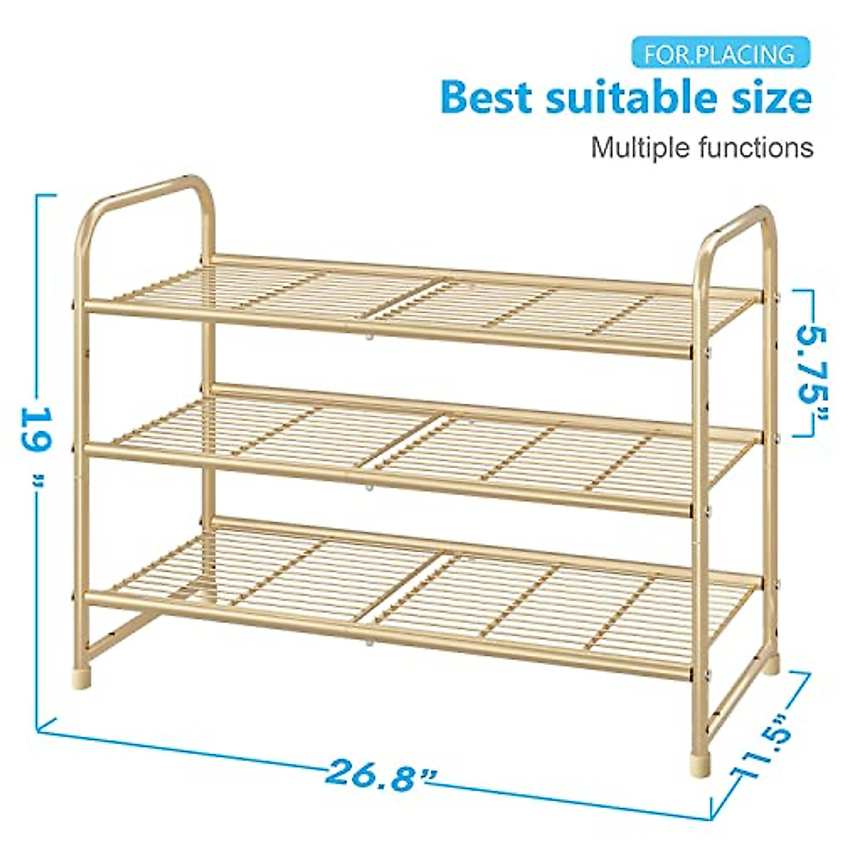 Simple Trending 3-Tier Stackable Shoe Rack, Expandable & Adjustable Shoe Shelf Storage Organizer, Wire Grid, Golden Yellow