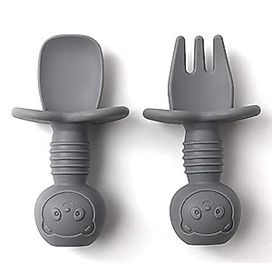 Funny Bibs, Baby Snacker Bib Set, Silicone Baby Feeding Set, Silicone Bib, Teething Utensils, Baby Shower, Toddler Self Feeding Set, Stage One, Unisex (Grey)