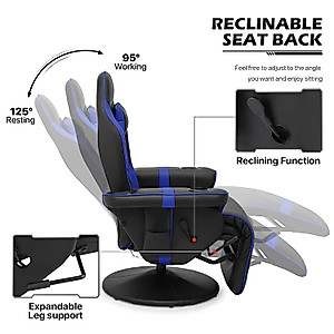 MoNiBloom Massage Video Gaming Chair with 2 Speakers, Swivel Ergonomic Gaming Lounging Pedestal Recliner Chair with Neck Support, Built-in Cupholders and Storage Bag, Comfortable Theater Chair, Blue