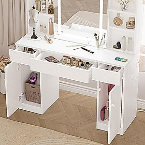IRONCK Vanity Desk with LED Sliding Mirror & Power Outlet, Large Bedroom Makeup Table with Drawers & Cabinet & Storage Shelves & Stool, White
