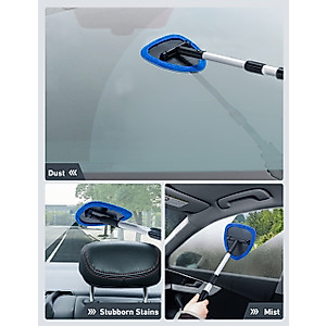 AstroAI Windshield Cleaning Tool, Car Window Cleaner Windshield Cleaner with 8 Reusable and Washable Microfiber Pads and Extendable Handle Auto Inside Glass Wiper Kit, Blue, 2 Pack