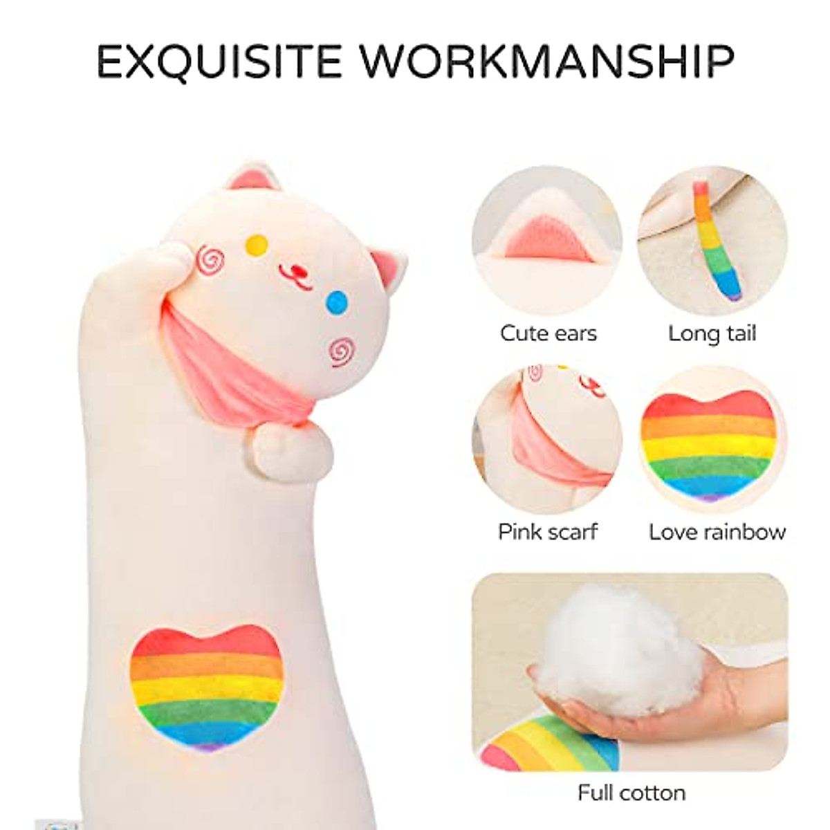 Mewaii Rainbow Cat Plush Body Pillow - 25" Rainbow Cat Stuffed Animals Squishy Pillow, Cute Plushies Cuddle Pillow for Kids, Long Cat Pillow Plush Toys, Birthday Gifts for Women, Girls and Males