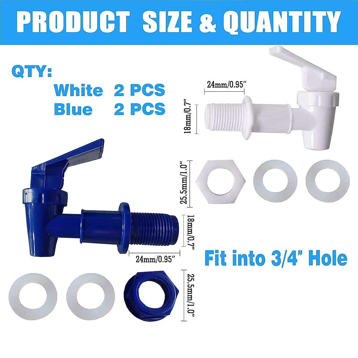 4 Pack 3/4Plastic Faucet,Replacement Cooler Faucet Water Bottle Jug Reusable Spigot Spout, BPA Free Dispenser Tap Set, Water Crock Valve Gravity Water Spigot (3/4" External Thread)