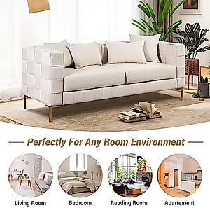 Merax 80.5" Upholstered Sofa with 4 Pillows Modern Couch with Golden Metal Legs for Living Room,Beige Love Seats