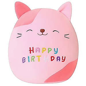 SQEQE Cat Plush Cuddly Birthday Cat Stuffed Animal Toy Soft Kitty Plush Pillows Cartoon Cat Plushies Doll Gift for Kids Birthday (Pink, 10 inch)