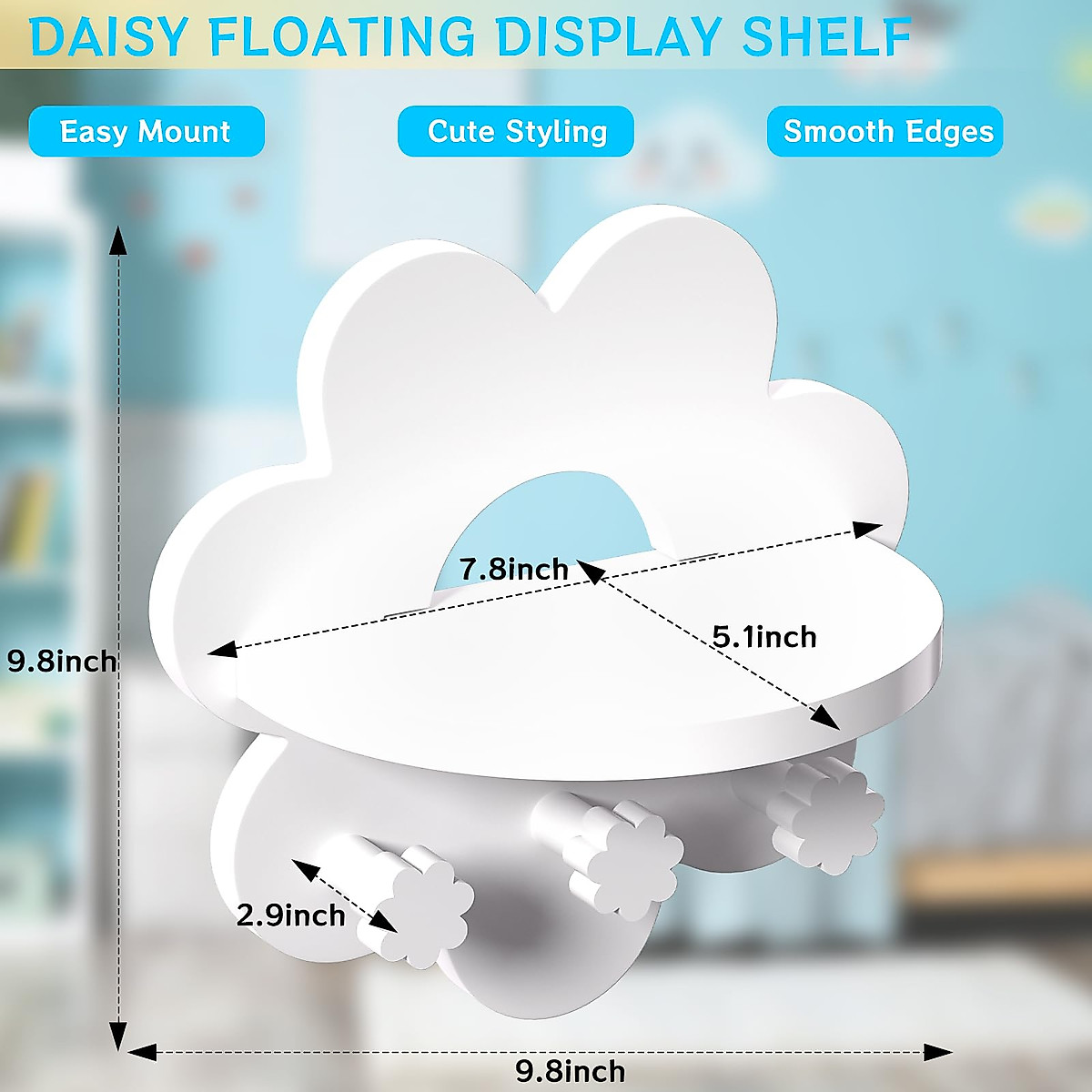 KINMAD Daisy Wall Shelf with Flower Hooks Wooden Floating Shelves for Wall Decor Cute Hanging Display Shelf for Bathroom Living Room Bedroom Decoration (White)