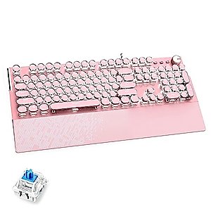 TONIZER Pink Mechanical Gaming Keyboard with White LED Backlit Keyboard with Palm Wrist Typewriter Style USB Wired Gaming Keyboard for PC Mac Laptop (Blue Switch)