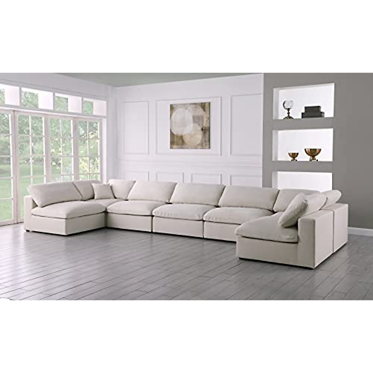 Meridian Furniture Plush Collection Contemporary Down Filled Cloud-Like Comfort Overstuffed Velvet Upholstered Modular U-Shaped Sectional, 7-Seater, Armless, Cream