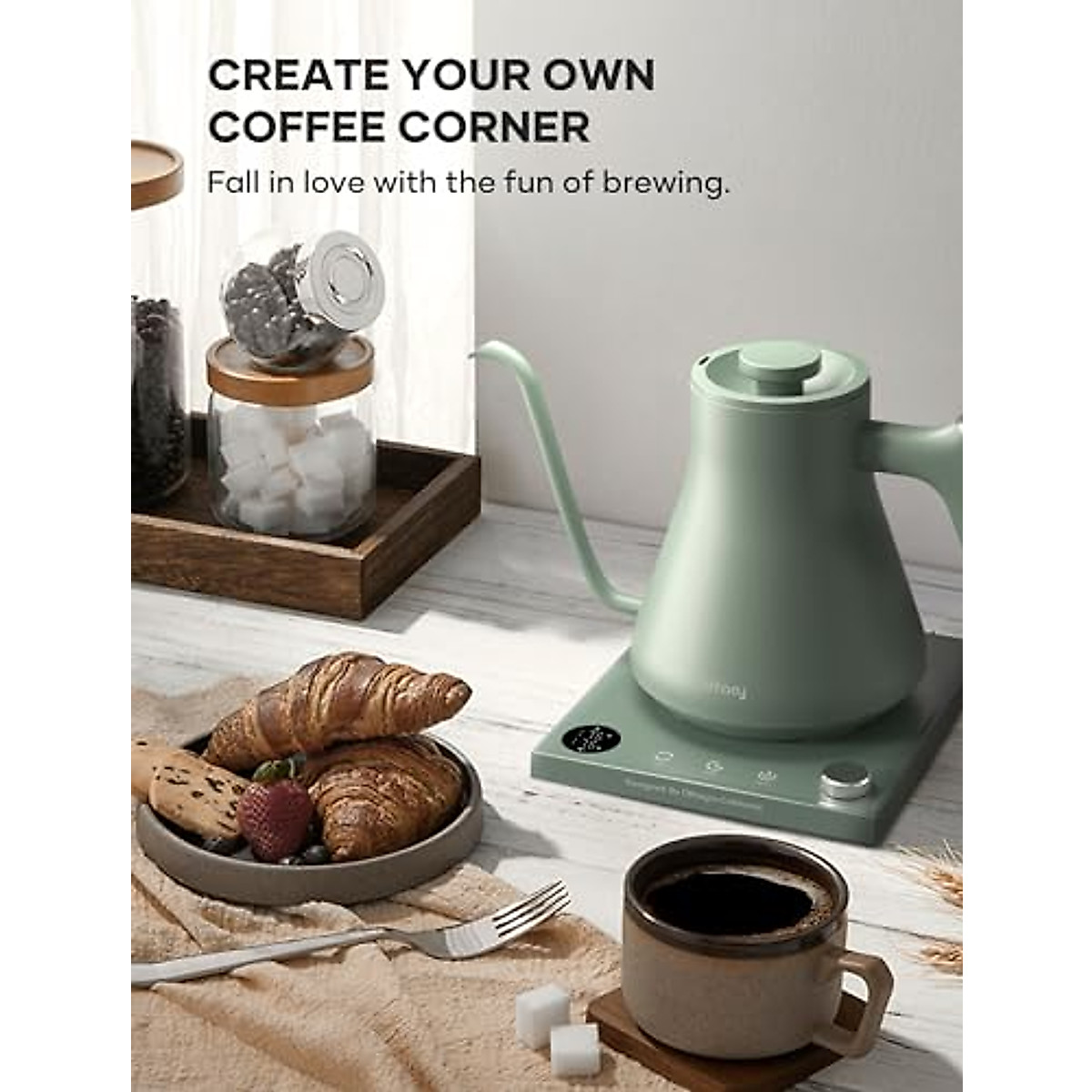 Electric Kettle, Offacy Gooseneck Kettle with Temperature Control, Pour Over Kettle & Coffee Kettle, 100% Food Grade 304 Stainless Steel, Tea Kettle 1200 Watt Quick Heating, 0.9L, Light Green