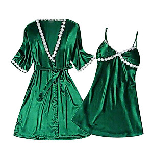 2pcs Funic Women Sexy Sleepwear Satin Babydoll Lingerie Nightdress Pajamas Set(Green,Asian L = US M)