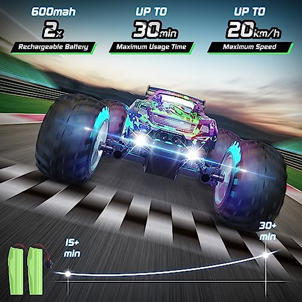 BAZOLOTA RC Car, 1:18 Scale All Terrain RC Truck, 2WD 20Km/h Remote Control Car, Remote Control Truck with LedLight and Two Rechargeable Batteries, Monster Truck Off Road Racing Car for Kid and Adult