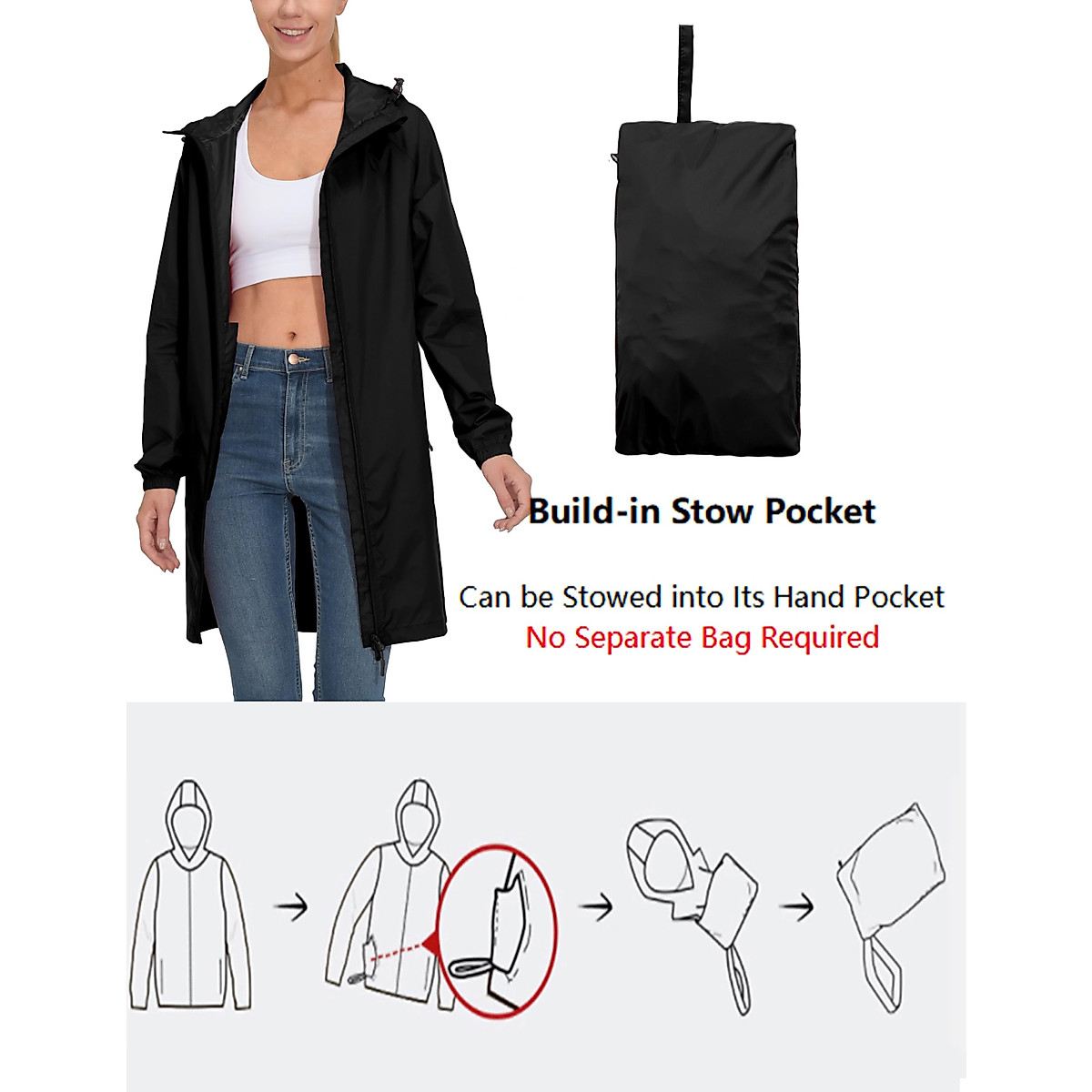 Mapamyumco Women's Ultra-Light Packable Waterproof Long Rain Jacket, Hooded Raincoat with Zipper Pockets Black XL