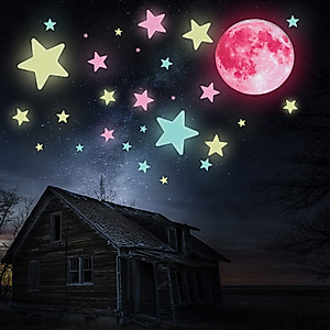 100 Pcs Glow in The Dark Stars with 3D Moon Stickers for Ceiling, Wall Decor Sticker for Nursery, Bedroom, Emo Room Decor Decal (Red Moon)