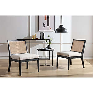 BESTANO Rattan Accent Chairs Mid Century Mordern Black Wooden Accent Armless Chair with Rectangle Cane Back Farmhouse Upholstered Patio Chairs for Living Room Bedroom Reading Indoor, Beige Linen