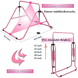 AMRTA Gymnastics Bars for Home with Rings Set Pink, Adjustable Height Training Balance Kip Monkey Bar Folding Horizontal Gymnastic Equipment, for Kids Children Junior Toddler Baby Ages 3-10