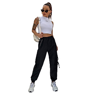 DIDK Women's High Waisted Flap Pocket Solid Jogger Cargo Pants with Chain Black M