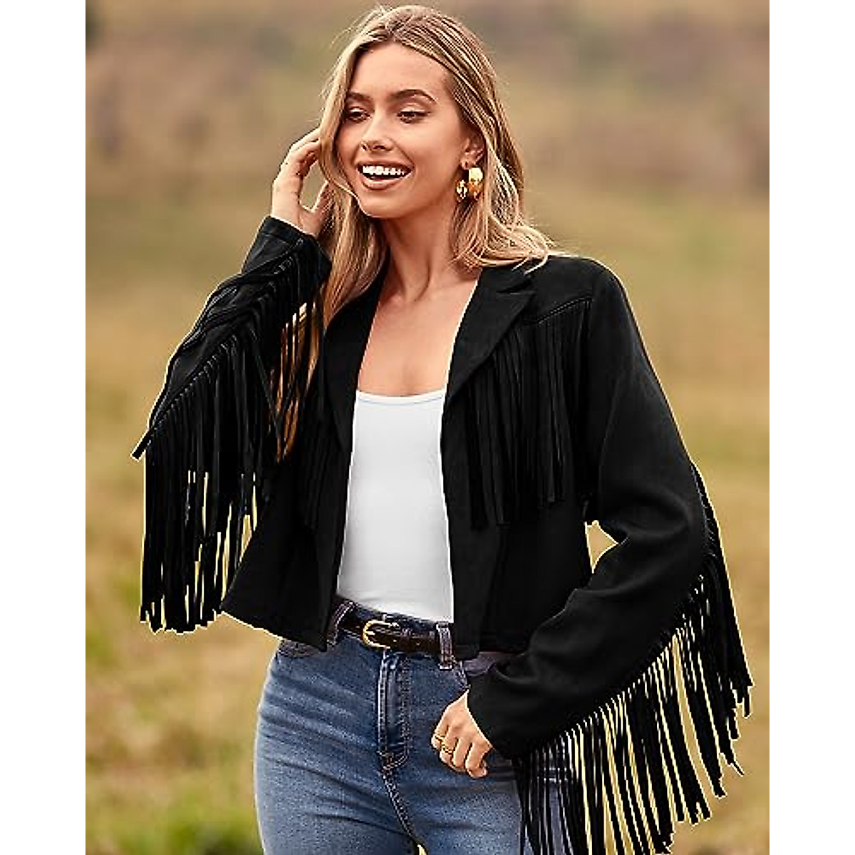 BTFBM Women Fashion Cropped Tassel Fringe Faux Suede Leather Jacket Fall Winter Long Sleeve Lapel Neck Moto Coat Outwear(Solid Black, XX-Large)