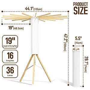 Tripod Clothes Drying Rack, Octopus Drying Rack, Portable and Foldable Space Saving Drying Rack,16 Expandable Rods,Wooden, Collapsible Drying Rack for Camping, Balcony, Bedroom and Laundry Room.