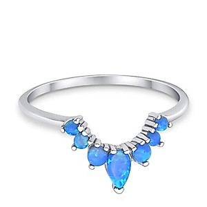 Lab Created Blue Opal Size-6 Curved Band Thumb Ring Pear Round 925 Sterling Silver